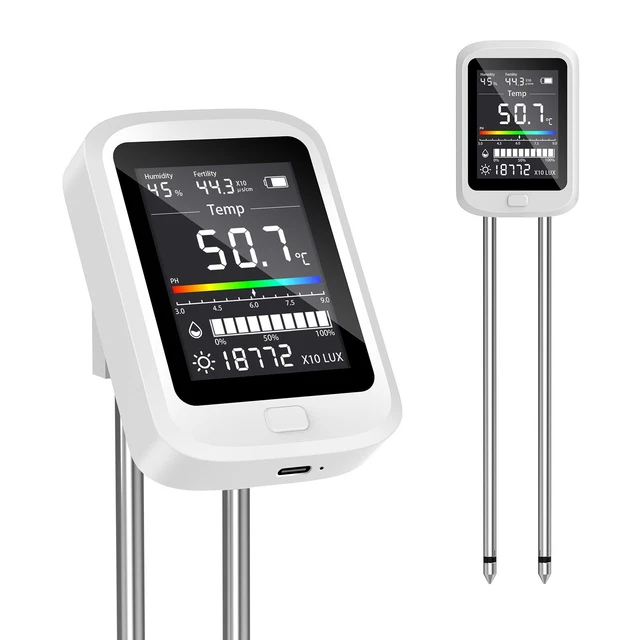 SOIL PH MOISTURE Temperature Light Tester 6 in 1 USB Rechargeable ...