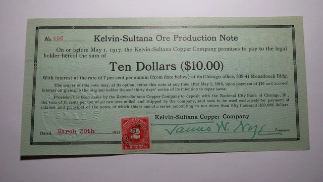$10 1915 KELVIN-SULTANA Copper Company Ore Production Obsolete Currency ...