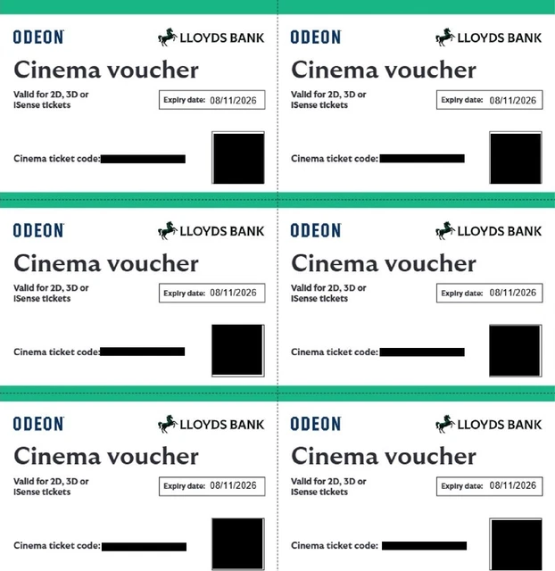 6 X CLUB Lloyds Odeon Cinema Tickets - 2D, 3D, ISENSE (Expiry 08/11 ...