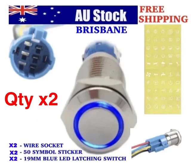 2X NEW SWITCH Push Button Latching 12v 19mm Blue LED S/Steel WITH PLUG ...