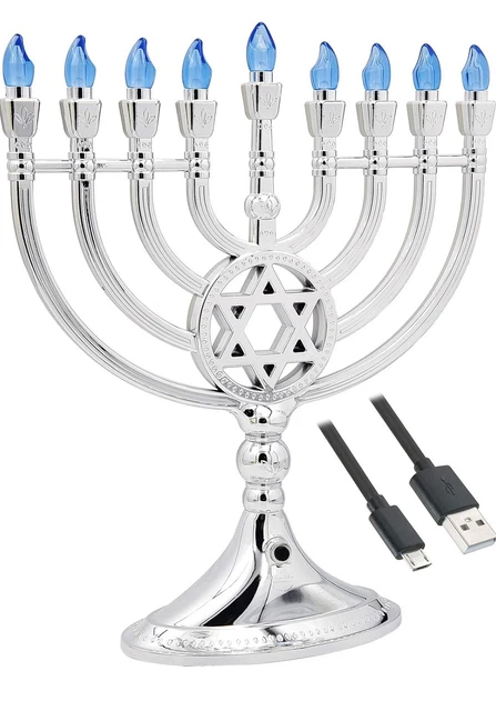 TRADITIONAL LED ELECTRIC Silver Hanukkah Menorah - Battery or USB ...