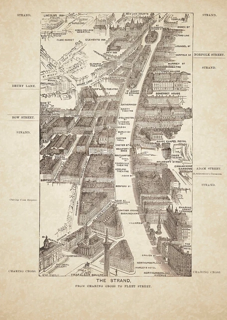 OLD LONDON MAP - Birds eye view from Charing Cross to Fleet St. 1885 ...