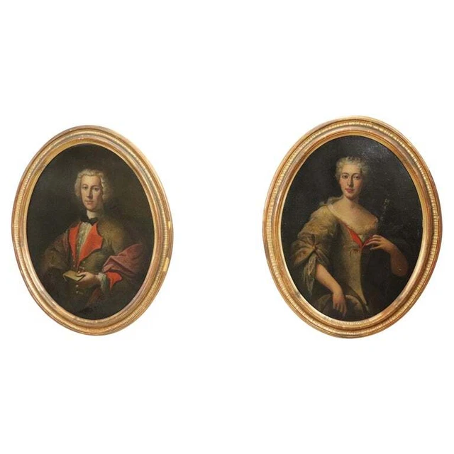 PAIRE DE GRANDS tableaux anciens ovales portrait d'époux XVIII huile ...