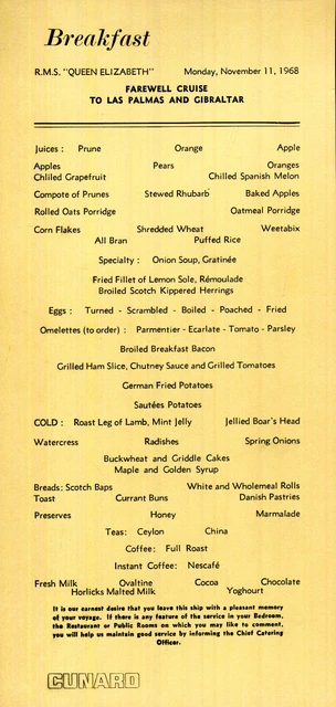 CUNARD RMS QUEEN ELIZABETH farewell cruise breakfast menu card Nov 11th ...