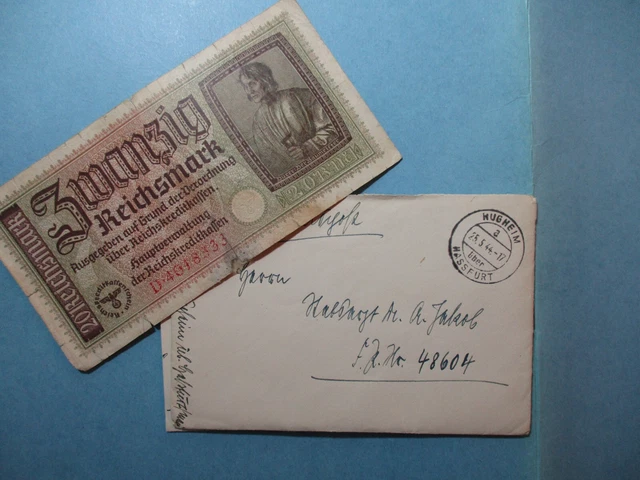 WW2 GERMAN LETTER Money 20 Zwanzig Reichsmark Swastika Third Reich ...