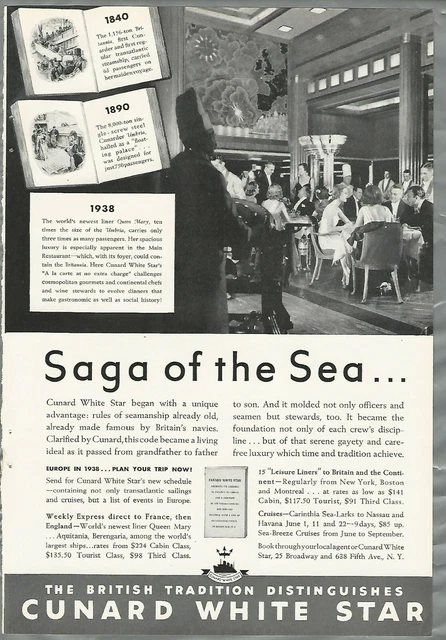 1938 CUNARD WHITE Star advertisement, RMS Queen Mary Dining Room £8.44 ...