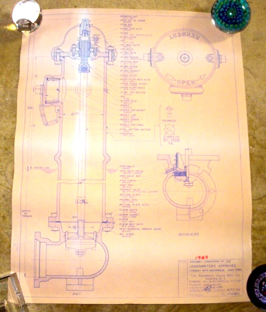 VINTAGE BLUEPRINT Fire Hydrant Design Of 1949 Kennedy Valve Co Elmira ...