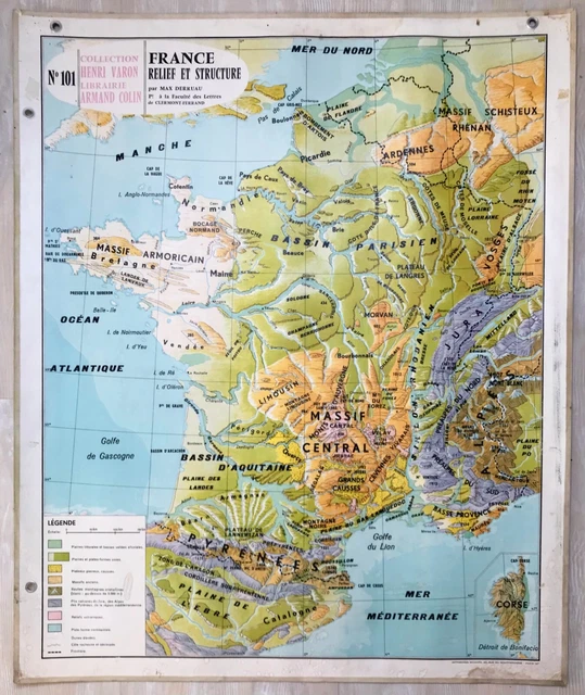 ANCIENNE CARTE SCOLAIRE murale Colin Varon 101, 1960 - France relief ...