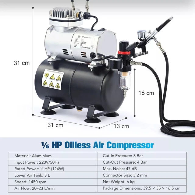 1/6HP AIR COMPRESSOR with 3L Tank Oil Free Ultra Quiet for Home ...