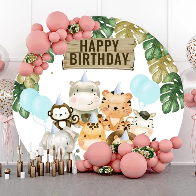 ANIMALS LEAVES BALLOONS Circle Birthday Backdrop $37.90 - PicClick AU