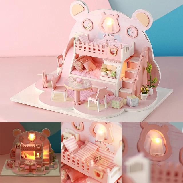 3D DIY WOODEN Doll House Miniature House Model LED Light Wooden ...