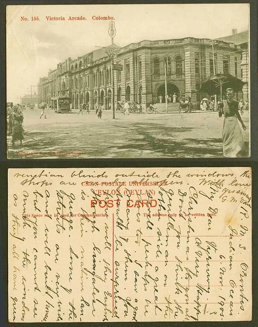 CEYLON OLD POSTCARD Victoria Arcade Colombo Street Scene TRAM, Rickshaw ...