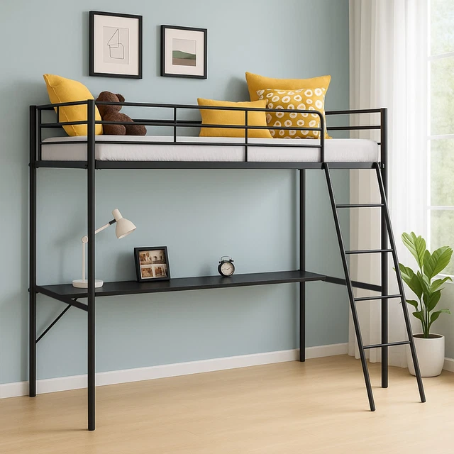 3FT TWINS BUNK Bed Frame Metal Loft Sleeper with Desk Kids Single/LED ...