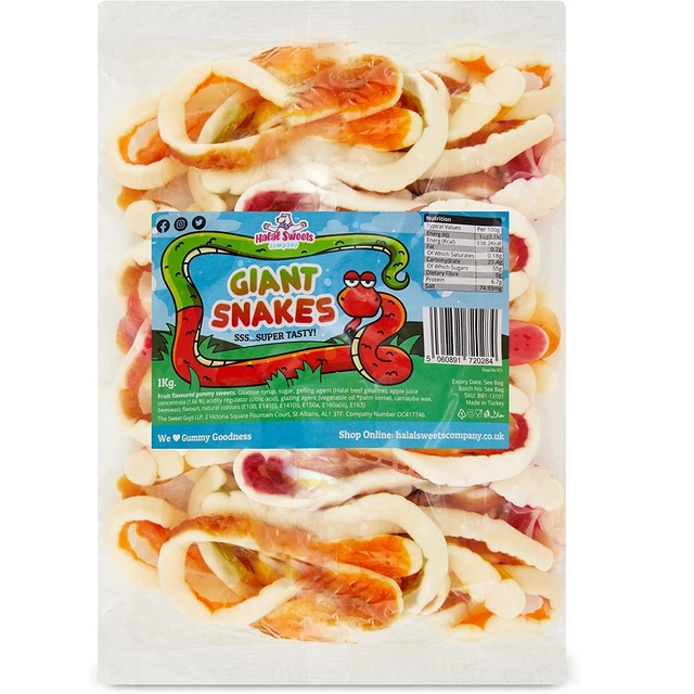 HALAL SWEETS COMPANY Giant Snakes 1KG Fruit Flavoured Bulk Sweet BBE ...