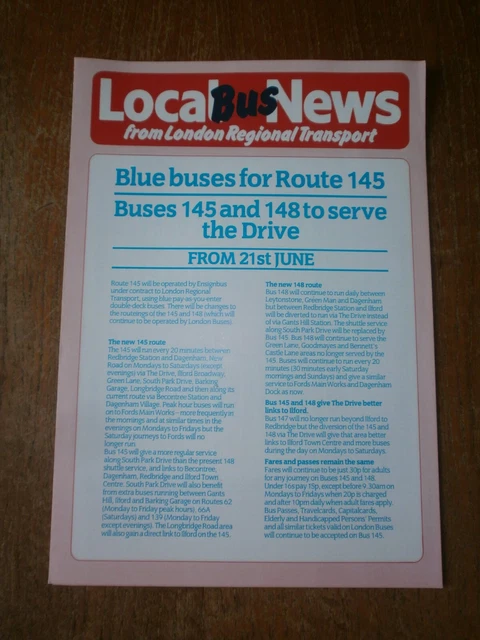 LONDON TRANSPORT TIMETABLE Leaflet-Routes 145 & 148, 1986 £1.50 ...