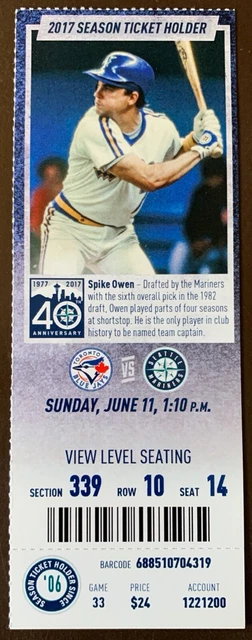 SEATTLE MARINERS 6/11/2017 MLB ticket stub vs Toronto Blue Jays - Spike ...