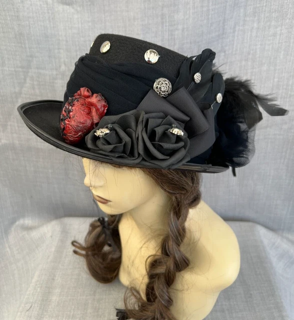 UNIQUE BLACK GOTHIC Goth Top Hat Roses Broken Heart Feathers Bow 57cm ...
