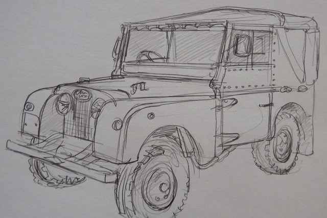 ORIGINAL EXPRESSIVE PENCIL sketch car drawing of a classic Land Rover £ ...