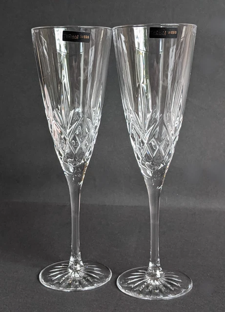 PAIR LOVELY VINTAGE Thomas Webb Crystal Champagne Flutes Glasses w ...