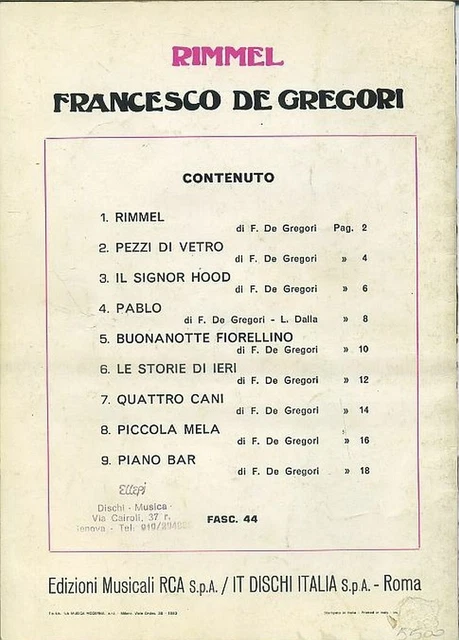 Francesco De Gregori Rimmel Spartito Musicale Dellalbum Completo E