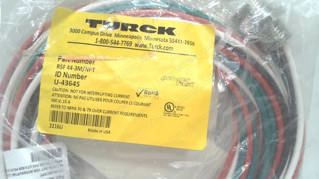 TURCK RSF 44-3M/NPT, Powerfast Single-Ended Receptacle, U-43645, New ...