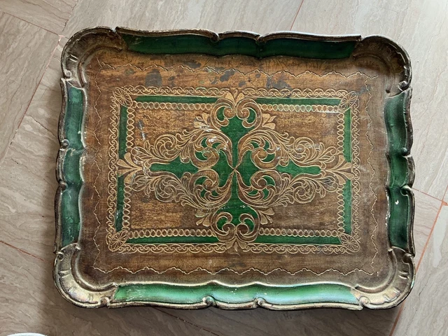 GRAND PLATEAU FLORENTIN en bois doré et vert EUR 32,00 - PicClick FR