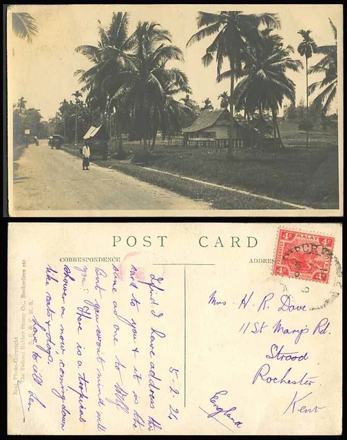 FMS FEDERATED MALAY States Tiger 4c. 1924 Old Postcard Street Scene ...