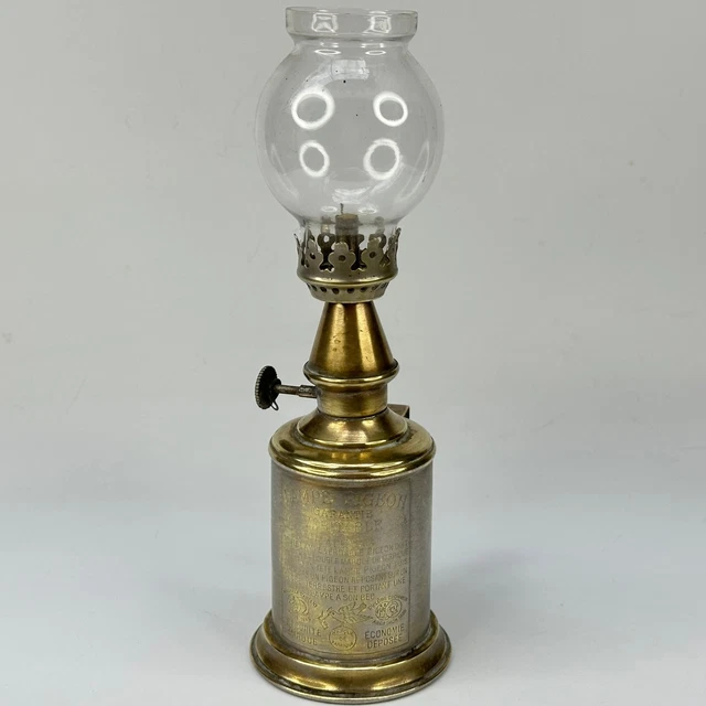 VINTAGE FRENCH SMALL Brass Metal Pigeon Oil Lamp & Shade in Working ...