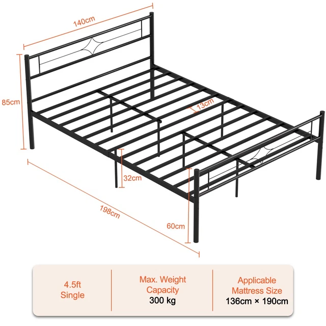 190X135CM SMALL DOUBLE Bed Frame Metal,4ft6 Black Iron Platform Slatted ...