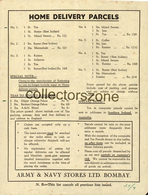WW2 ARMY & Navy Stores Bombay Price List For Servicemen's Home Gift ...