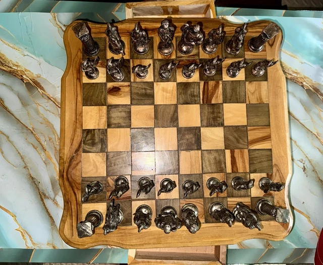 VINTAGE SOLID METAL Greek/Roman Themed Chess Set w/ Wooden Board ...
