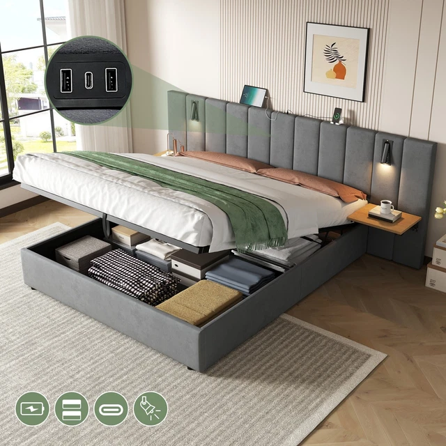 5FT KING UPHOLSTERED Hydraulic Storage Bed Frame With Channel Tufted ...