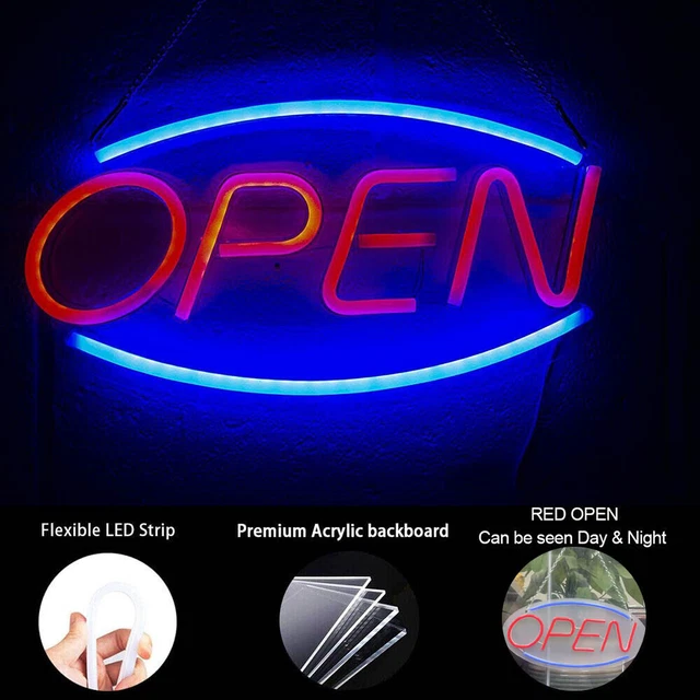 LED OPEN SHOP Sign Neon Light USB Large Bright Bar Window Hang Display ...