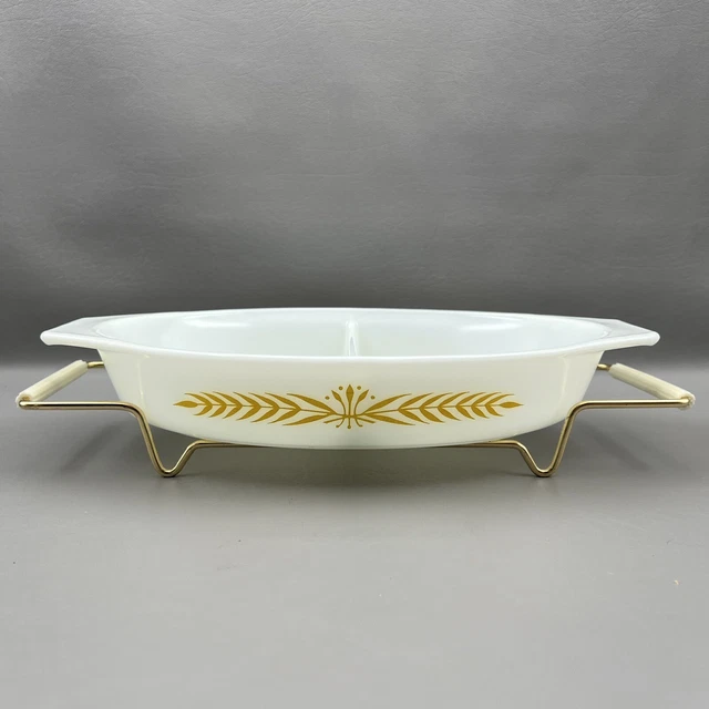 VINTAGE PYREX ROYAL Wheat Divided Serving Dish With Gold Cradle 1.5 QT ...