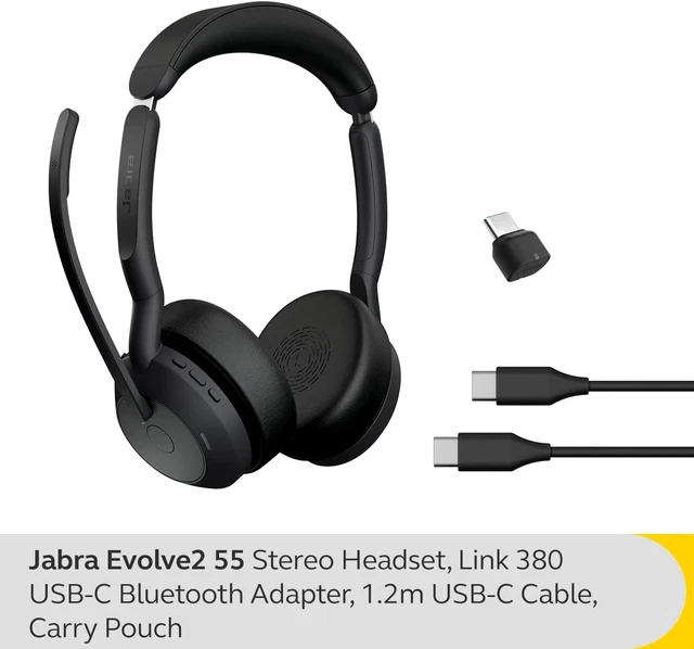 JABRA EVOLVE2 55 USB-C Stereo Wireless UC Headset, Noise-cancelling ...