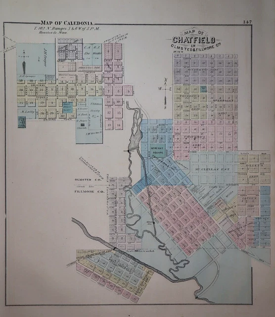 ORIGINAL 1874 PLAT Map CITY of CHATFIELD, MINNESOTA / HOUSTON on Back ...