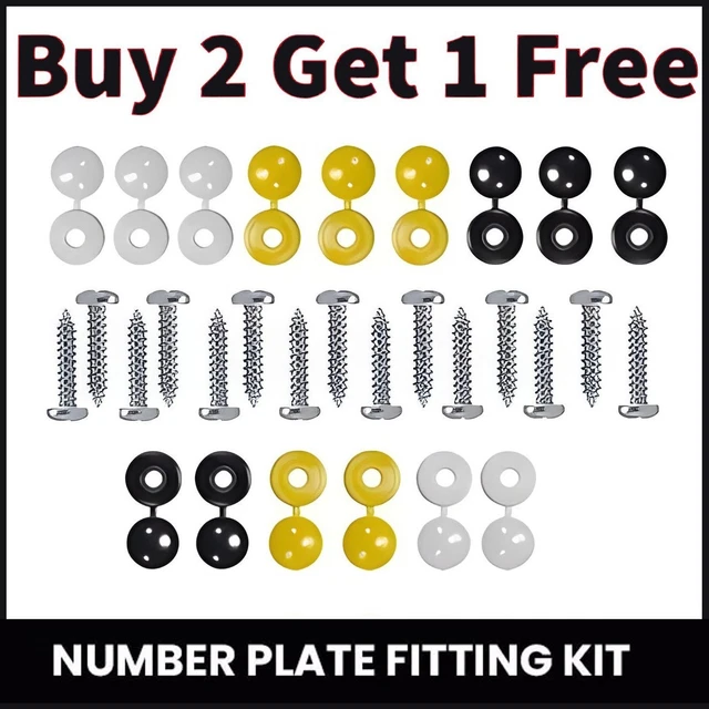 CAR NUMBER PLATE Fixing Fitting Kit Screws & Caps Hinged Black Yellow ...