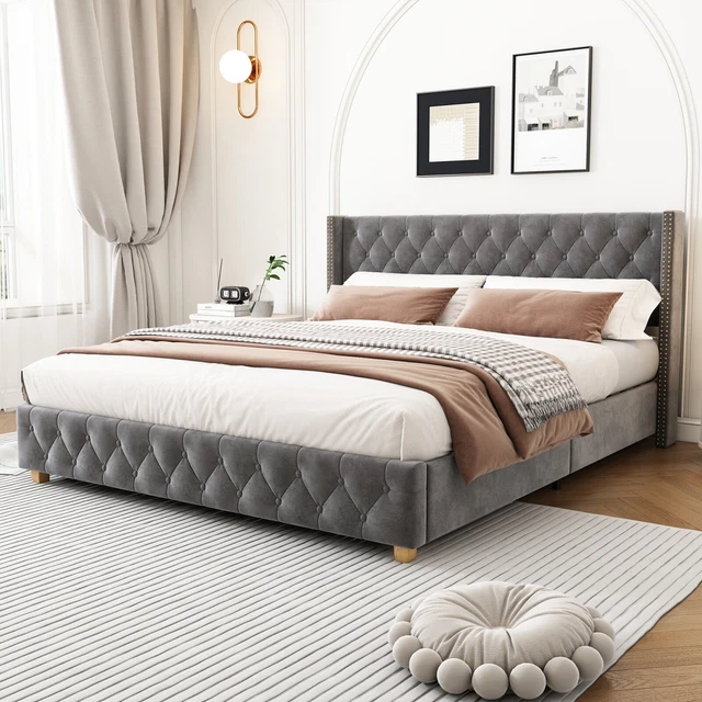4FT6 UPHOLSTERED DOUBLE Bed Frame with Velvet Tufted Headboard & Wing ...