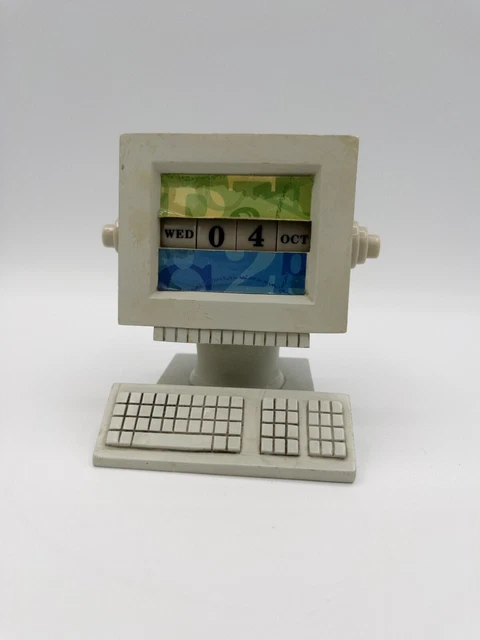 VINTAGE PC DESK Perpetual Calendar CRT Monitor & Keyboard Day Month $64 ...