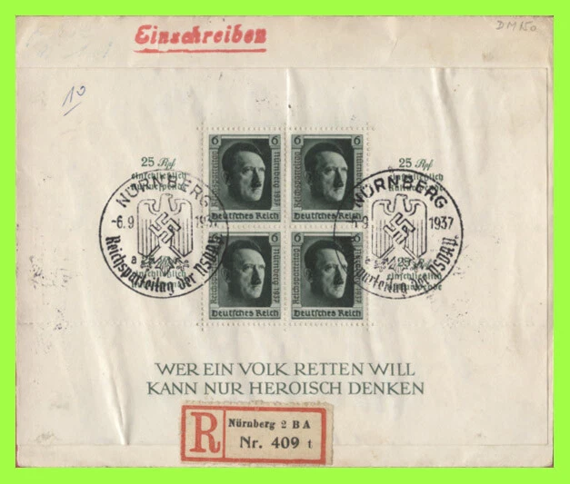 GERMANY 1937 HITLER mini sheet on registered cover Front £7.50 ...