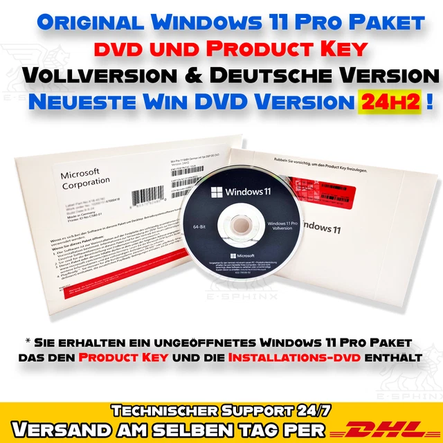 MICROSOFT WINDOWS 11 Pro DVD KEY 64Bit Deutsch 24H2 (neueste Version ...