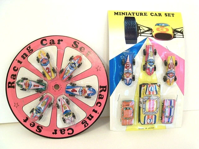 VINTAGE MINIATURE RACING Car set 12 Tin Litho Toy Unopened XLNT Cond ...