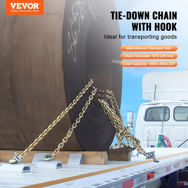 VEVOR BINDER CHAIN G80 Tie Down Tow Chain with Two Hooks 5/16" x 10.3 ...
