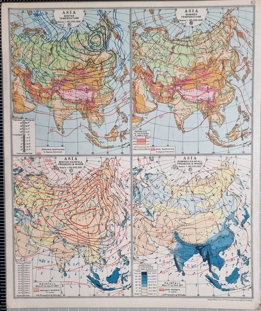 1921 MAP ASIA Winter & Summer Temperature Rainfall Wind Pressure $54.72 ...