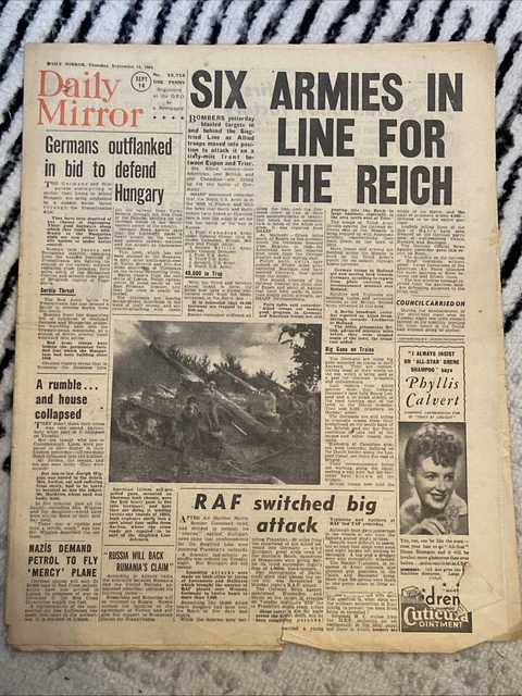 ORIGINAL DAILY MIRROR Newspaper WWII WW2 Issue Sept 14th 1944 £4.99 ...