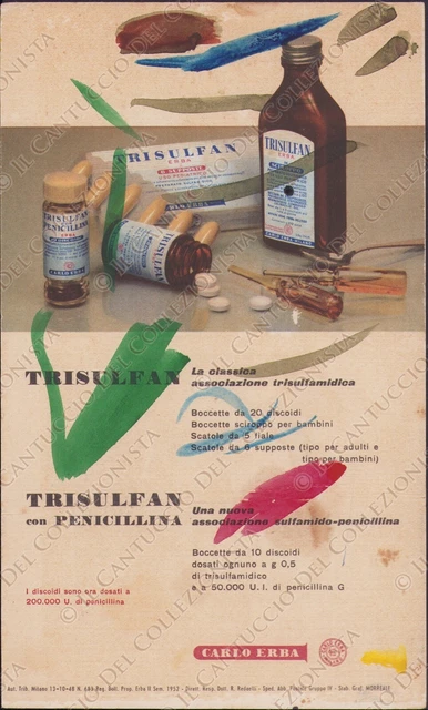 TRISULFAN PENICILLINA CARLO Erba Milano cartoncino pubblicitario ...