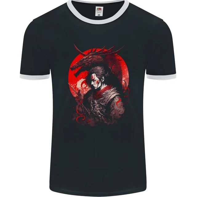 T-SHIRT RINGER POUR Homme Samurai Ronin Guerrier Dragon Japonais FotL ...