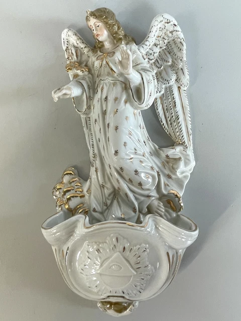GRANDE ANTICA ACQUASANTIERA ANGELO h 32 cm CERAMICA MAIOLICA MEISSEN o ...