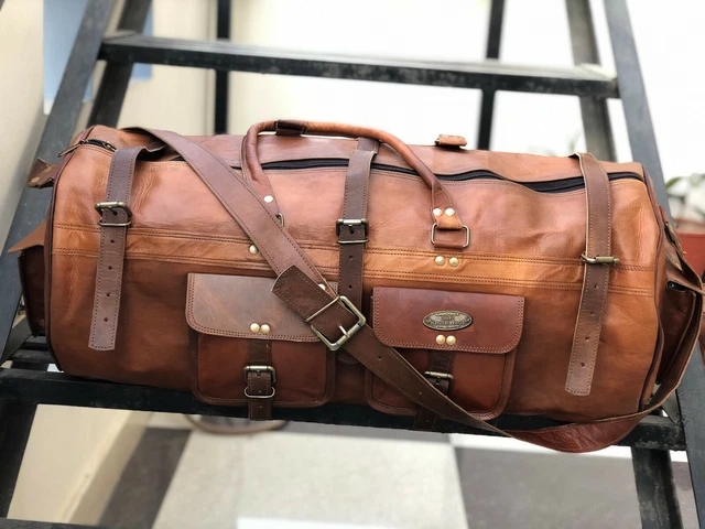 26& MENS GENUINE Leather Vintage Rustic Look Duffel Travel Weekend ...