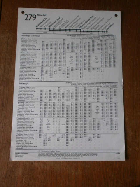 LONDON TRANSPORT BUS Stop Timetable Panel-Route 279, 1984 £1.50 ...